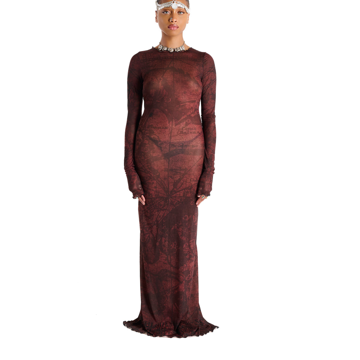 Medusa Dress – Sheer Long Sleeve Maxi Gown with Art Print – Designer ...